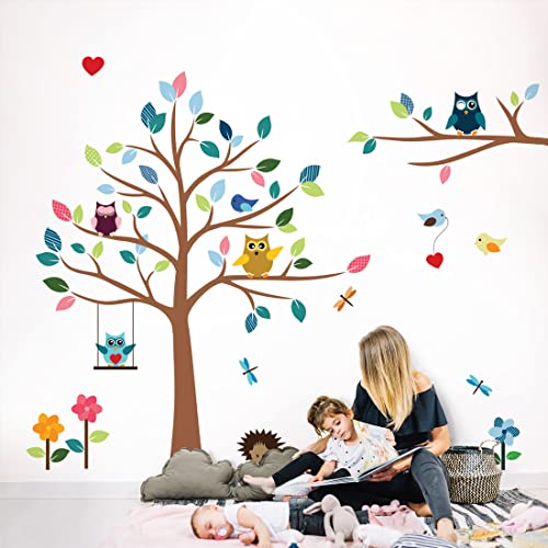 TIMBER ARTBOX Cheerful Safari Nursery Wall Decor – Woodland Jungle Wall Decals with Owls & Tree – Cute Animal Stickers for Kids Room, Baby Boys and Girls Bedroom, Classroom & Daycare Decorations