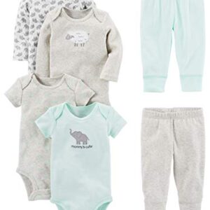 Simple Joys by Carter's Unisex Babies' 6-Piece Bodysuits (Short and Long Sleeve) and Pants Set, Grey/Mint Green/Elephant/Lamb, 0-3 Months