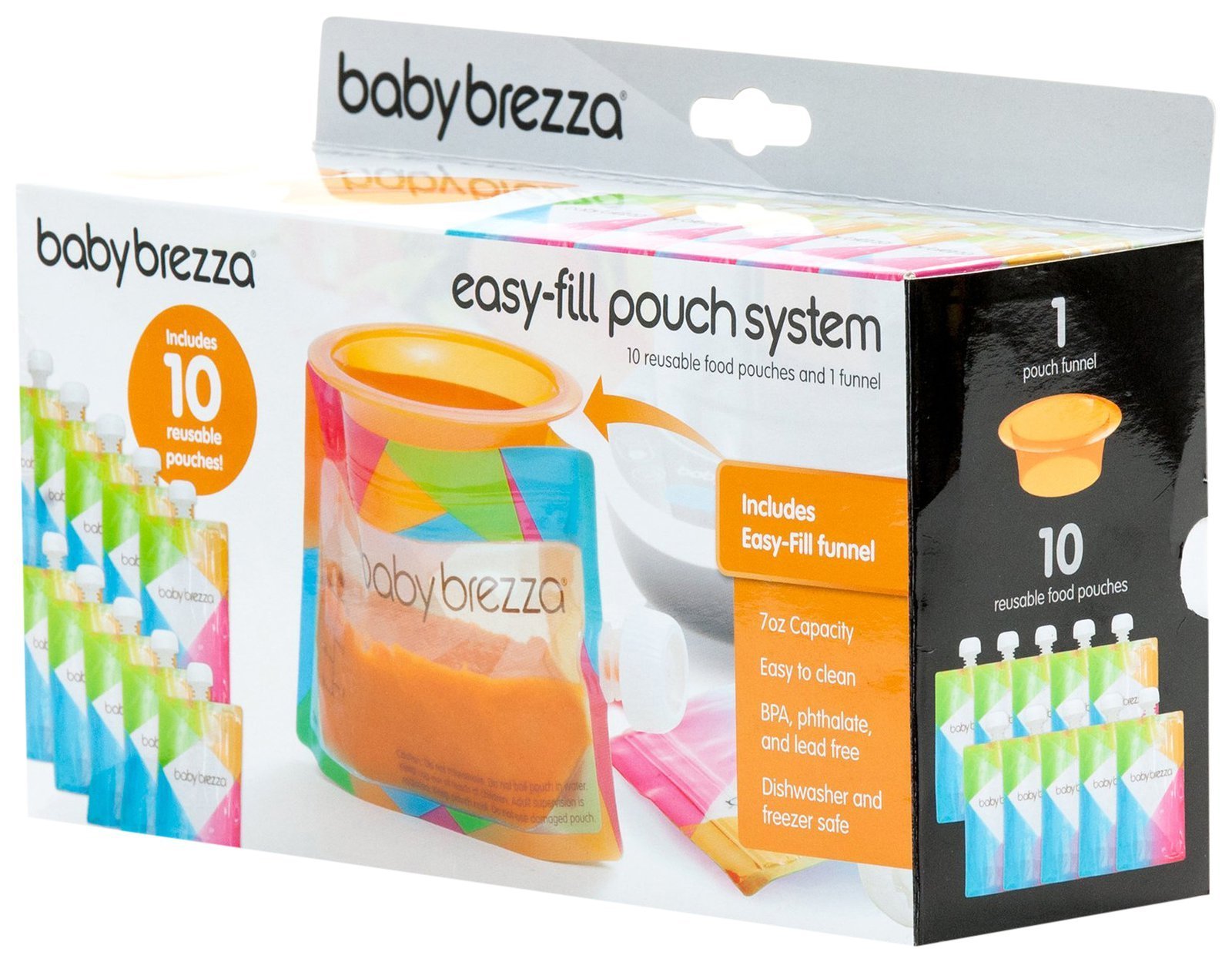 Baby Brezza Reusable Baby Food Storage Pouches, 10 Pack 7oz - Make Organic Food Puree for Kids or Toddlers and Store in Refillable Squeeze Pouches, Bulk Set is Freezer Safe & Washable