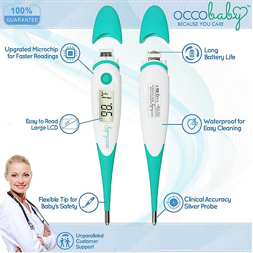 OCCObaby Clinical Digital Baby Thermometer - LCD, Flexible Tip, 10 Second Quick Accurate Fever Alarm Rectal Oral & Underarm Use - Waterproof Baby Thermometer for Infants & Toddlers