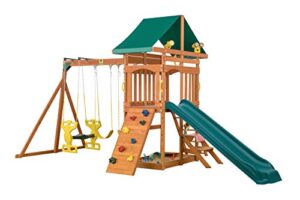 sky view cedar backyard playset | w: 17'10" d: 9'4" h: 9'9" | w/2-person glider & 2 belt swings | binoculars, steering wheel & telescope | kids age 3-12 | astm standards | 10-year warranty on wood