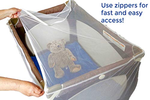 Baby Playpen Mosquito Net with Zippers, Premium Quality by Tedderfield, for Pack ‘n Play Playpens, Strollers, Easy Zip Access to Baby, Drawstring Base, Ideal Portable Bug Netting