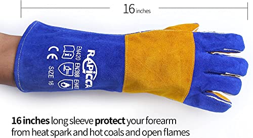 RAPICCA Welding Gloves Blue 16 Inches,932℉,Heat Resistant Leather Forge/Mig/Stick Welding Gloves Heat/Fire Resistant, Mitts for Oven/Grill/Fireplace/Furnace/Stove/Pot Holder/BBQ/Animal Handling