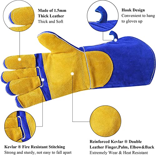 RAPICCA Welding Gloves Blue 16 Inches,932℉,Heat Resistant Leather Forge/Mig/Stick Welding Gloves Heat/Fire Resistant, Mitts for Oven/Grill/Fireplace/Furnace/Stove/Pot Holder/BBQ/Animal Handling