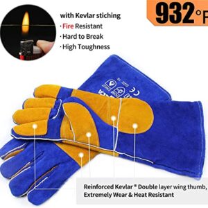 RAPICCA Welding Gloves Blue 16 Inches,932℉,Heat Resistant Leather Forge/Mig/Stick Welding Gloves Heat/Fire Resistant, Mitts for Oven/Grill/Fireplace/Furnace/Stove/Pot Holder/BBQ/Animal Handling