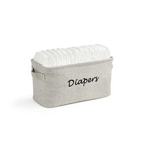 Dejaroo - Baskets for Organizing Diapers and Newborn Essentials, Baby Diaper Caddy Organizer, Embroidered Baby Shower Gifts for Moms, Linen Basket with Handle, 12 x 6 x 6 Inches, Grey