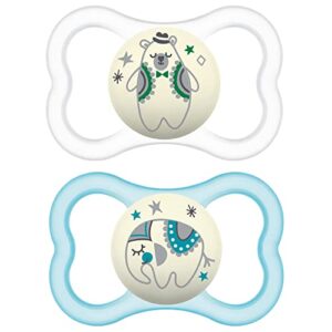 mam air night pacifiers , mam sensitive skin pacifier 6+ months, glow in the dark pacifier, best pacifier for breastfed babies, unisex baby pacifiers, 2 count (pack of 1), designs may vary