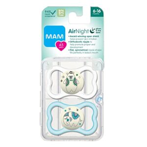 MAM Air Night Pacifiers , MAM Sensitive Skin Pacifier 6+ Months, Glow in the Dark Pacifier, Best Pacifier for Breastfed Babies, Unisex Baby Pacifiers, 2 Count (Pack of 1), Designs May Vary