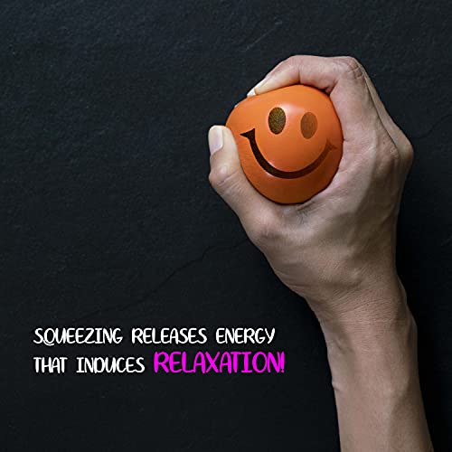 Be Happy! Neon Colored Smile Funny Face Stress Ball - Happy Smile Face Squishies Toys Stress Foam Balls for Soft Play - Bulk Pack of 12 Relaxable 2.5" Stress Relief Smile Squeeze Balls Fun Toys