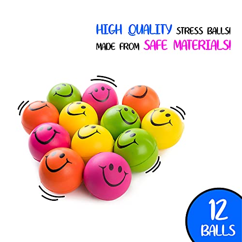 Be Happy! Neon Colored Smile Funny Face Stress Ball - Happy Smile Face Squishies Toys Stress Foam Balls for Soft Play - Bulk Pack of 12 Relaxable 2.5" Stress Relief Smile Squeeze Balls Fun Toys