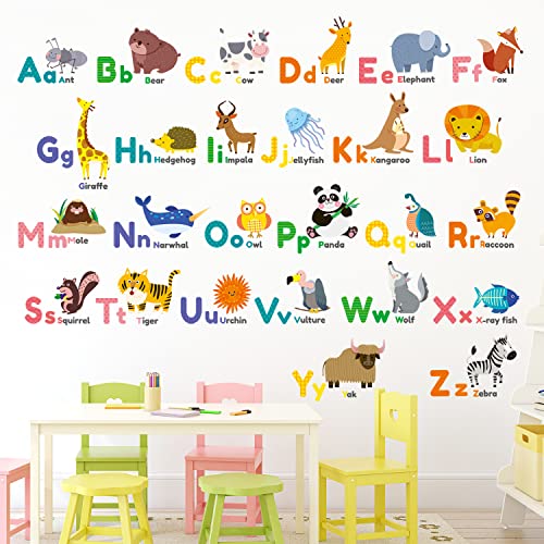 DECOWALL DS8-1614 Colourful Animal Alphabet ABC Kids Wall Stickers Wall Decals Peel and Stick Removable Wall Stickers for Kids Nursery Bedroom Living Room décor