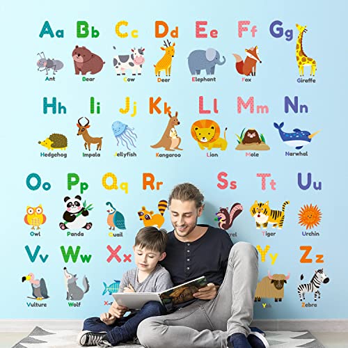 DECOWALL DS8-1614 Colourful Animal Alphabet ABC Kids Wall Stickers Wall Decals Peel and Stick Removable Wall Stickers for Kids Nursery Bedroom Living Room décor