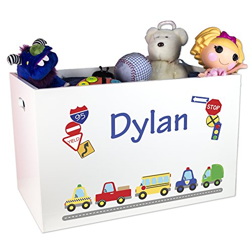 My Bambino Personalized Transportation Toy Box for Boys Children Custom White Wooden Cars and Trucks Theme for Kids Bin Child Safe with No Lid Storage Playroom Nursery Kids