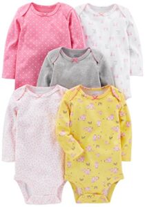 simple joys by carter's baby girls' long-sleeve bodysuit, pack of 5, yellow/pink/grey, floral, 3-6 months