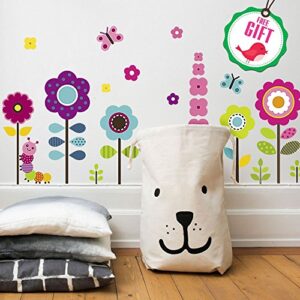 flower wall stickers for kids - floral garden wall decals for girls room - removable toddlers bedroom vinyl nursery wall décor [27 art clings] with free bird gift!