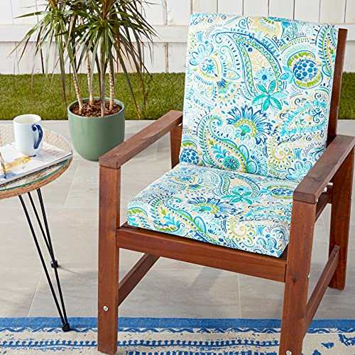 Pillow Perfect Paisley Outdoor Round Corner Chair Cushion Deep Seat, Weather, and Fade Resistant, Square Corner - 36.5" x 18", Blue/Yellow Gilford