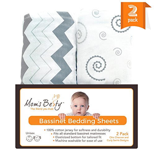 Bassinet Sheet Set - 2 Pack Jersey Cotton Fitted Sheets - Grey/White Unisex Baby Bedding Design