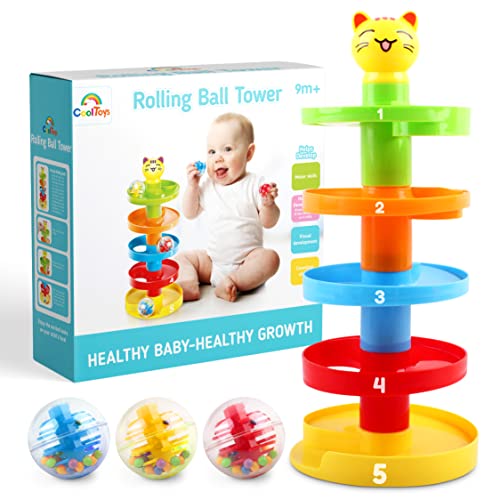 5 Layer Ball Drop and Roll Swirling Tower for Baby and Toddler Development Educational Toys | Stack, Drop and Go Ball Ramp Toy Set Includes 3 Spinning Acrylic Activity Balls with Colorful Beads