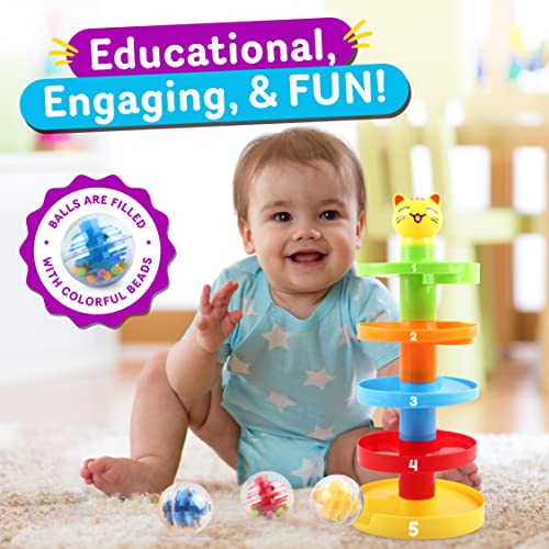 5 Layer Ball Drop and Roll Swirling Tower for Baby and Toddler Development Educational Toys | Stack, Drop and Go Ball Ramp Toy Set Includes 3 Spinning Acrylic Activity Balls with Colorful Beads