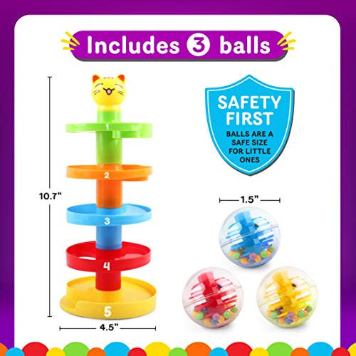 5 Layer Ball Drop and Roll Swirling Tower for Baby and Toddler Development Educational Toys | Stack, Drop and Go Ball Ramp Toy Set Includes 3 Spinning Acrylic Activity Balls with Colorful Beads