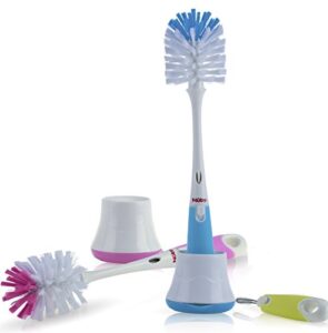 nuby 2 in 1 bottle and nipple brush with stand, 1 pack, colors may vary