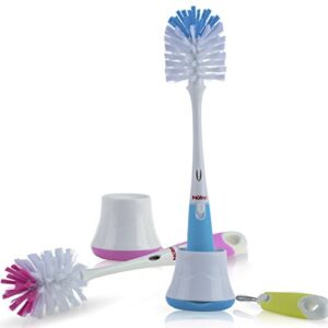 Nuby 2 in 1 Bottle and Nipple Brush with Stand, 1 Pack, Colors May Vary