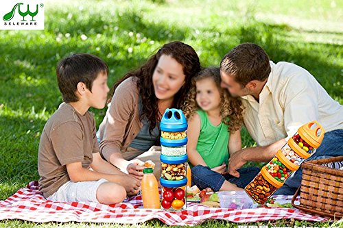 SELEWARE Portable Stackable Food Storage Containers for Snacks Formula Powder and Drinks Twist Lock System Airtight Leak-proof BPA and Phthalate Free 4 Piece Jars 31oz Blue