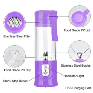 Portable Blender for Shakes and Smoothies USB Rechargeable Travel Juicer Cup Electric Mini Personal Size Blenders Frozen Fruit Ice Mixer Baby Food Mixing Machine with 6 Blades for Sports Travel and Outdoors 13.5oz (Purple)