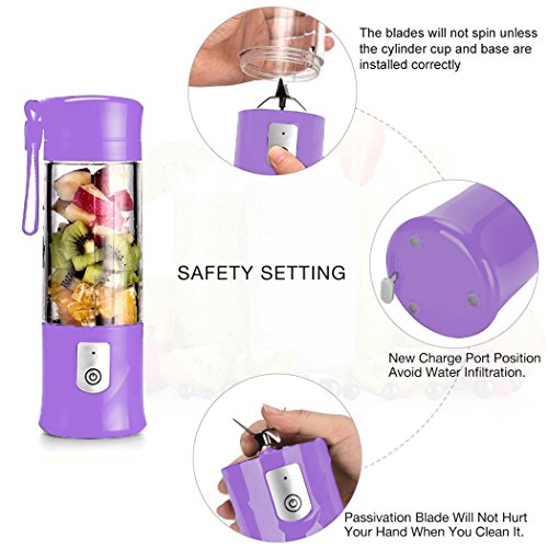 Portable Blender for Shakes and Smoothies USB Rechargeable Travel Juicer Cup Electric Mini Personal Size Blenders Frozen Fruit Ice Mixer Baby Food Mixing Machine with 6 Blades for Sports Travel and Outdoors 13.5oz (Purple)