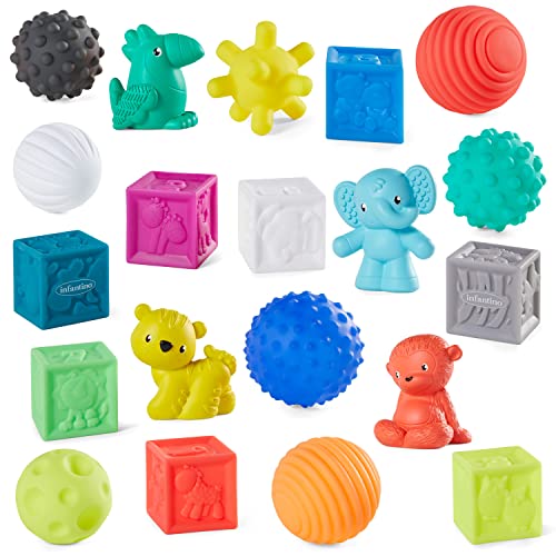 Infantino Sensory Balls, Blocks & Buddies - Textured, Soft & Colorful Toys Includes 8 Balls, 8 Numbered Blocks, 4 Animal Buddies, Ages 0 Months +, 20-Piece Set