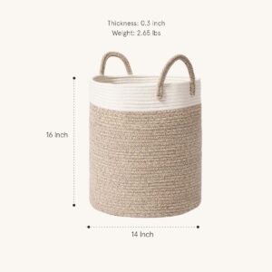 LA JOLIE MUSE Woven Basket Rope Storage Baskets - Tall Cotton Basket 16 x 14 x 14 Inches, Laundry Basket for Blanket, Kids Toy, Nursery Clothes Hamper Basket