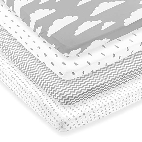 Pack n Play Sheets – Premium Pack and Play Sheets 4 Pack – 100% Super Soft Jersey Knit Cotton Playard Mattress Sheets – Portable Playpen Fitted Play Yard Mini Crib Sheet for Boy & Girl (24 x 38 x 5)