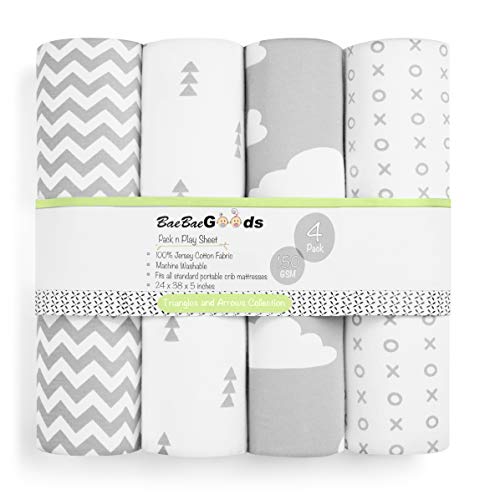 Pack n Play Sheets – Premium Pack and Play Sheets 4 Pack – 100% Super Soft Jersey Knit Cotton Playard Mattress Sheets – Portable Playpen Fitted Play Yard Mini Crib Sheet for Boy & Girl (24 x 38 x 5)