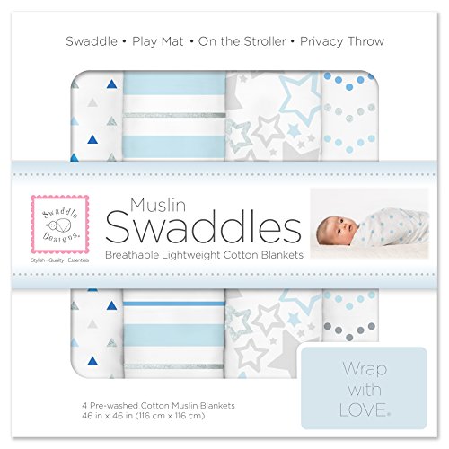 SwaddleDesigns Cotton Muslin Swaddle Blankets, Set of 4, Receiving Blankets for Baby Boys & Girls, Best Shower Gift, 46x46 inches, Blue Starshine & Dots