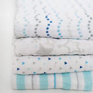 SwaddleDesigns Cotton Muslin Swaddle Blankets, Set of 4, Receiving Blankets for Baby Boys & Girls, Best Shower Gift, 46x46 inches, Blue Starshine & Dots