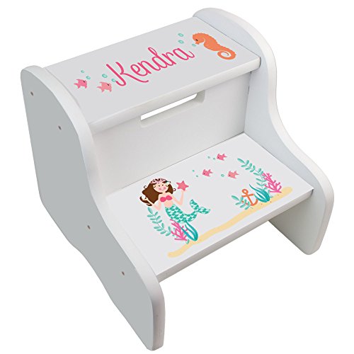 Personalized Brunette Mermaid Princess White Two Step Stool