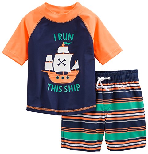 Simple Joys by Carter's Toddler Boys' Swimsuit Trunk and Rashguard Set, Orange/Blue, Ships, 3T