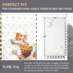 Cuddly Cubs Fitted Crib Sheets Set – 2 Pack – Jersey Cotton Crib Mattress Sheets for Baby Boy, Girl Crib – Grey Stripes, Sheep Toddler Bed Sheets – Fits on Standard 28 x 52 Crib and Toddler Mattress