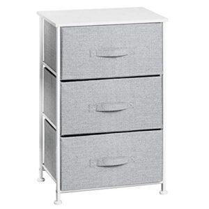 mDesign Vertical Dresser Storage Tower - Sturdy Steel Frame, Wood Top, Easy Pull Fabric Bins - Organizer Unit for Child/Kids Bedroom or Nursery - Textured Print - 3 Drawers - Gray/White