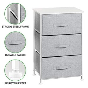 mDesign Vertical Dresser Storage Tower - Sturdy Steel Frame, Wood Top, Easy Pull Fabric Bins - Organizer Unit for Child/Kids Bedroom or Nursery - Textured Print - 3 Drawers - Gray/White