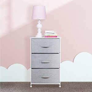 mDesign Vertical Dresser Storage Tower - Sturdy Steel Frame, Wood Top, Easy Pull Fabric Bins - Organizer Unit for Child/Kids Bedroom or Nursery - Textured Print - 3 Drawers - Gray/White