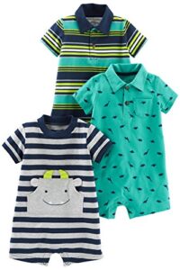 simple joys by carter's baby boys' rompers, pack of 3, blue stripe/green dinosaur/navy stripe, 12 months