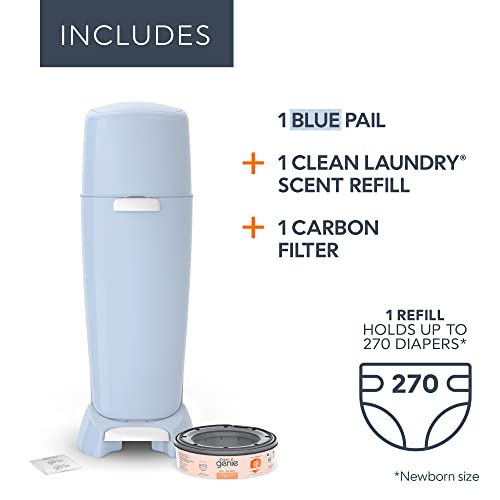 Diaper Genie Complete Diaper Pail (Blue) with Antimicrobial Odor Control | Includes 1 Diaper Trash Can, 1 Refill Bags, 1 Carbon Filter