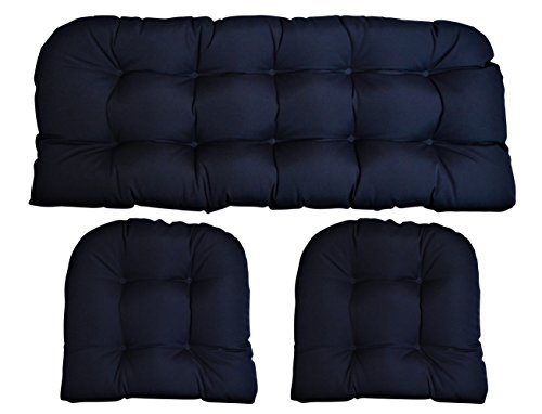 RSH DECOR Indoor Outdoor 3 Piece Wicker Cushion Set, Loveseat Settee 41" x 19" & 2 Matching Chair Cushions 19" x 19" - Made with Sunbrella Canvas Navy Blue Fabric