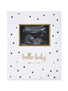 pearhead first 5 years baby memory book, gender-neutral baby keepsake for new and expecting parents, pregnancy and milestone journal, 50 fill in pages, black and gold polka dot