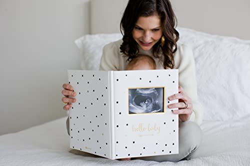 Pearhead First 5 Years Baby Memory Book, Gender-Neutral Baby Keepsake for New and Expecting Parents, Pregnancy And Milestone Journal, 50 Fill In Pages, Black and Gold Polka Dot