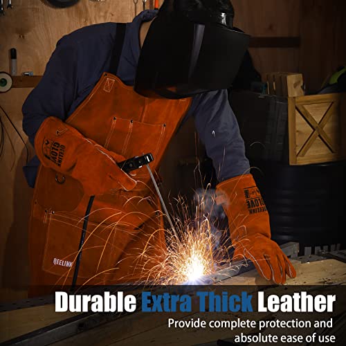 QeeLink Leather Welding Apron with 6 Pockets - Heat & Flame-Resistant Apron, 24'' X 42'', Adjustable M to XXXL