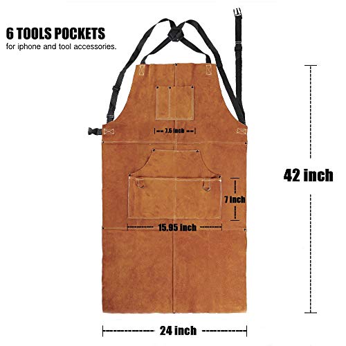 QeeLink Leather Welding Apron with 6 Pockets - Heat & Flame-Resistant Apron, 24'' X 42'', Adjustable M to XXXL