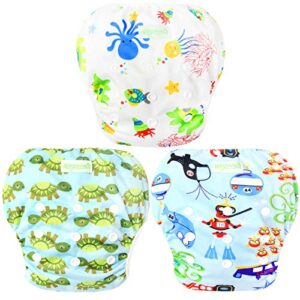 wegreeco baby & toddler snap one size adjustable reusable baby swim diaper (diving, ocean, turtle, large, 3 pack)