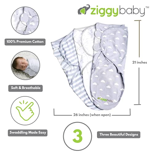 Baby Swaddle Blanket Adjustable for 0-3 Months - Newborn to Infant Baby Swaddle Wrap Set (3 Pack - Gray Cloud, Stripe, Stars) for Baby Boy Girl Gender Neutral Easy Swaddle by Ziggy Baby